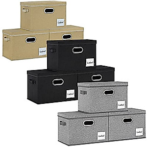 LHZK Large Storage Bins with Lids 9 Pack, Linen Fabric Storage Boxes with Lids, Foldable Storage Baskets with 3 Handles and Label Window for Shelves Bedroom Closet Office (15.75x11.8x10.2inch)