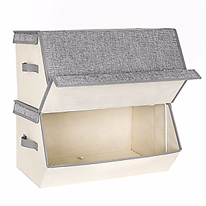 SONGMICS Large Bins with Lids and Handles, Stackable Storage Organizers with Linenette and Oxford Fabric for Clothes and Kid’s Toys, Set of 2, Gray and Beige URLB03GE