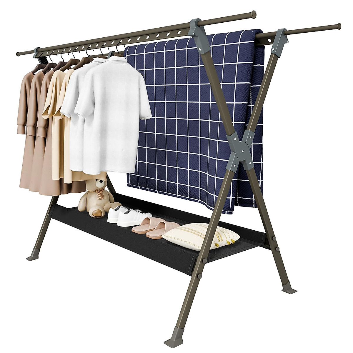 90 Inches Outdoor Clothes Drying Rack Foldable,Retractable Large Drying Rack Clothing,Heavy Duty Aluminum Laundry Drying Rack Collapsible with 42 Windproof Hooks and Drying Mesh for Outdoor Indoor