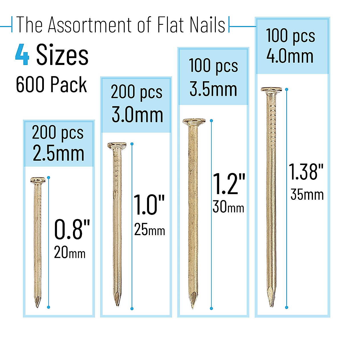 Mr. Pen- Nail Assortment Kit, 600 Pcs, 4 Sizes, Gold, Small Nails, Nails for Hanging Pictures, Finishing Nails, Wall Nails for Hanging, Pin Nails, Hardware Nails, Assorted Nails, Galvanized Nails.