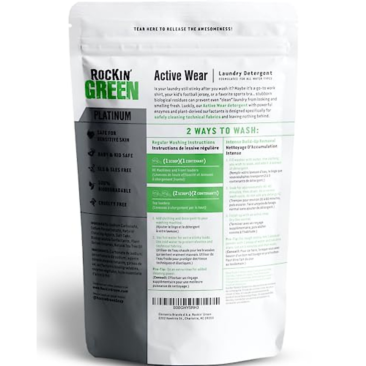 Rockin' Green Laundry Detergent, Plant based, All Natural Laundry Detergent Powder, Vegan and Biodegradable Odor Fighter, Safe for Sensitive Skin (Active Wear 90 Loads - Freshwood Mac)