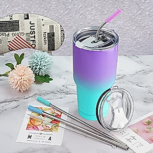 30 oz Tumbler with Lids and Straws,18/8 Stainless Steel Vacuum Insulated Coffee Tumbler,Insulated Travel Mug Water Cup with Leak-Proof Straw Lid & Flip Lid,3 Metal Straws,1 Cleaning Brush & Gift Box