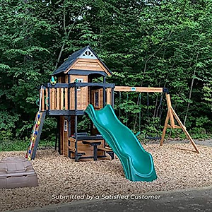 Backyard Discovery Canyon Creek All Cedar Wood Swing Set, Playhouse with Grill, Plastic Food, Picnic Area, Steering Wheel, Two Belt Swings, Rock Climbing Wall, Balcony, Deck, Slide, Web Swing,Brown