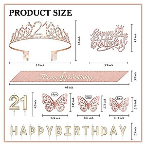 LOLtime 21st Birthday Decorations for Her, Including 21st Birthday Crown, Cake Topper, Tiara, Sash, Butterfly Decorations, Happy Birthday Candles, 21st Birthday Gifts for Her