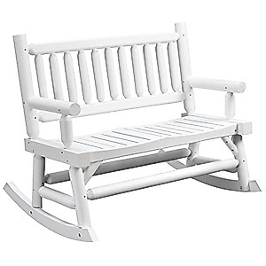 Outsunny 2-Person Wood Rocking Chair with Log Design, Heavy Duty Loveseat with Wide Curved Seats for Patio, Backyard, Garden, White
