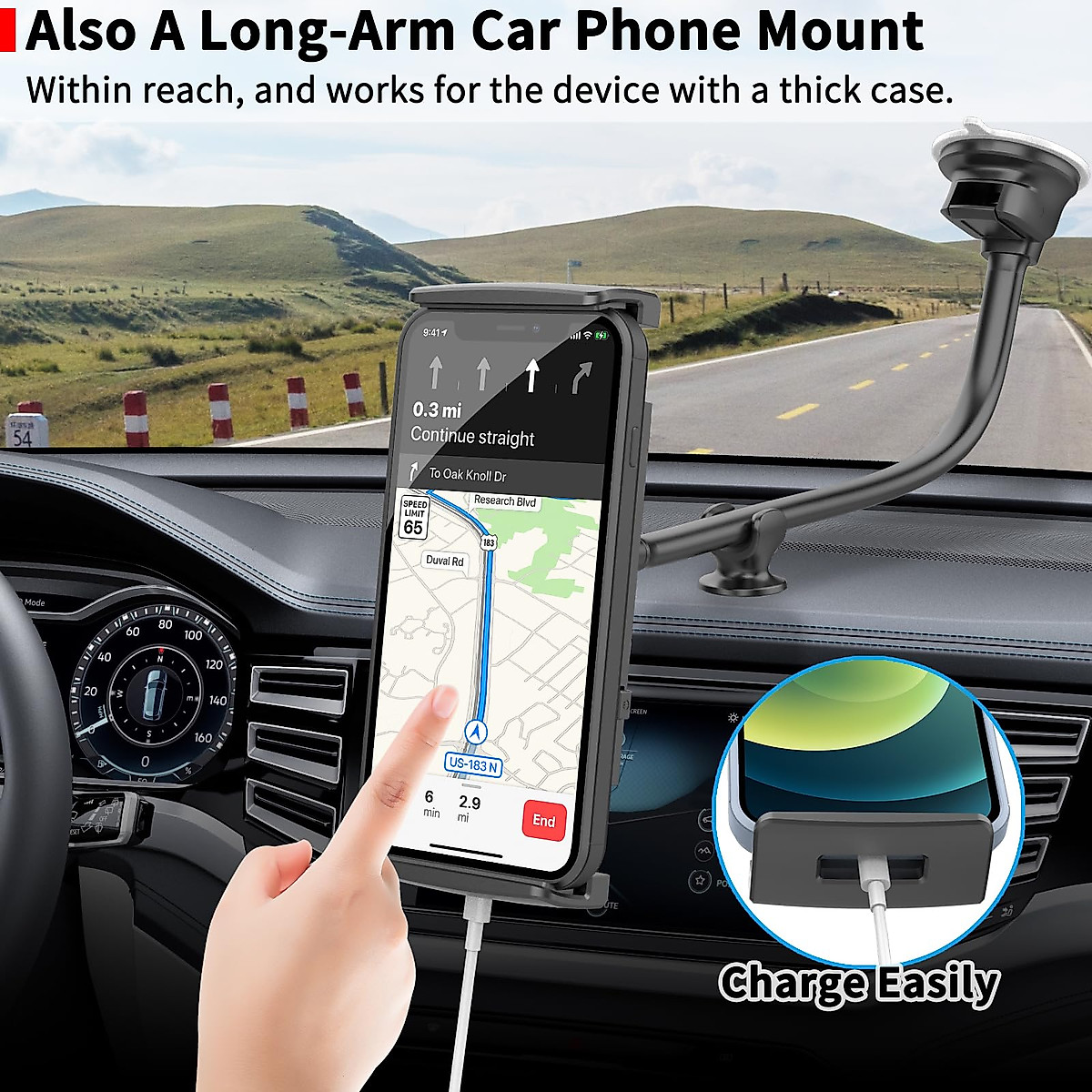 APPS2Car Tablet Car Mount for iPad Truck Holder Long Arm Extension Strong Suction Cup Windshield Mount for 7-11 Inch Tablet iPad Pro Air Mini iPhone