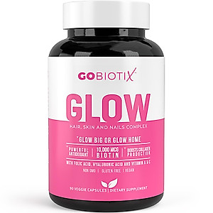 Glow Vitamins - Hair Skin and Nails Multivitamin Supplement - 10,000mcg Biotin Pills with Hyaluronic Acid, Folate, Iron, Magnesium, and Zinc - Boosts Collagen Production, Hair Growth, 90 Capsules