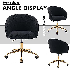 HomVent Modern Faux Fur Home Office Chair, Furry Cute Desk Chair with Gold Metal Leg, Ergonomic Adjustable Swivel Desk Chair with Wheels, Makeup Vanity Chair for Girls Women Study Makeup Bedroom Black
