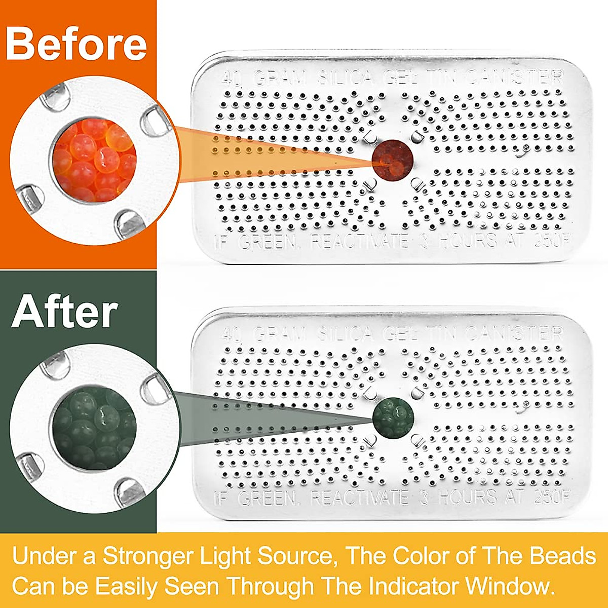 4 Packs 40Gram Indicating Silica Gel Desiccant Canister (Orange to Dark Green), Reusable Dehumidifier Desiccant, Moisture Absorbing, No Cobalt II Chloride