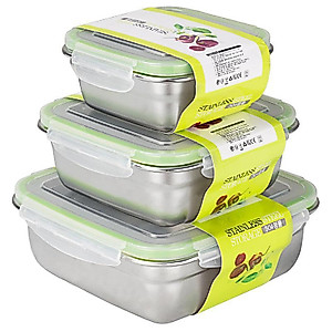 HTIAM Stainless Steel Food Containers, 3-Piece Set with Lids, Reusable for Breakfast, Lunch, Dinner, Snacks Bento Box Square Lunch Box 400/750/1200ml