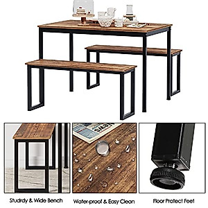 DlandHome Dining Table Set for 4, Kitchen Table Set with 2 Benches, 3 Piece Dining Room Table and Benches, Kitchen Coffee Table Set for Flats, Industrial Style Wooden Kitchen and Dining Room Set