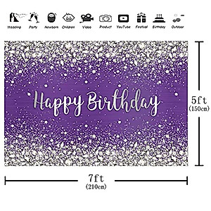 Aperturee 7x5ft Glitter Purple Diamonds Happy Birthday Backdrop Shinning Silver Bokeh Dots Women Girls Photography Background Sweet 16 Party Decorations Cake Table Banner Supplies Photo Booth Studio