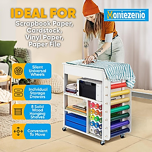 Rolling Cricut Craft Storage, Mobile Cricut Vinyl Organization Storage with 23 Vinyl Roll Holder, Craft Table Stand with Wheels, Crafting Cabinet Workstation with Large Drawers for Room Home Office