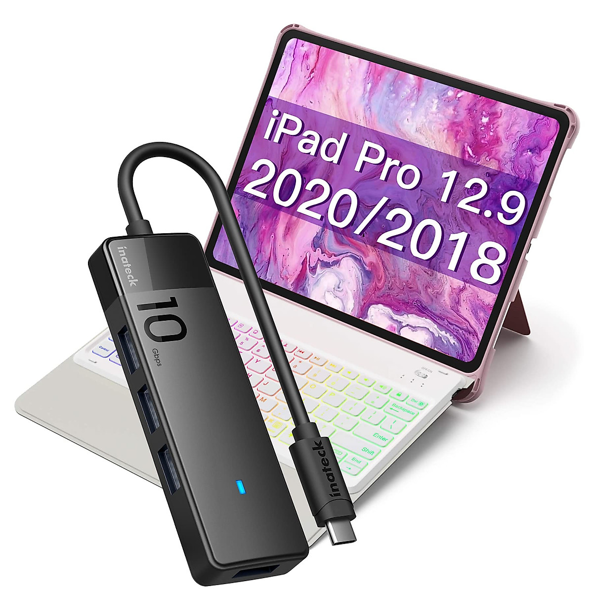 Inateck iPad Keyboard with USB 3.2 Gen 2 Speed, USB C to USB Hub,Bundle Product, KB02006 and HB2025