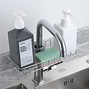 Citphto Sponge Holder Stainless Steel Faucet Kitchen Sink Caddy Organizer Detachable Hanging Sponge Holder for Kitchen Sink Bathroom Shower Rack Compatible with Faucets 0.63-1.0 Inches in Diameter