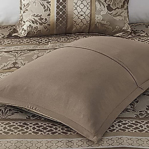 Madison Park Bellagio Cozy Comforter Set - Luxurious Jaquard Traditional Damask Design, All Season Down Alternative Bedding with Matching Shams, Decorative Pillow, King(104"x92"), Brown/Gold 7 Piece