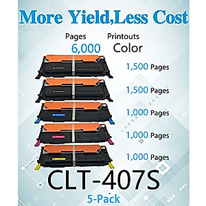 MM MUCH & MORE Compatible Toner Cartridge Replacement for Samsung 407S 409S CLT-407S use with CLX-3185FW 3185N CLP-320N CLP-321N CLP-325W Printers (5-Pack, 2 Black + Cyan + Magenta + Yellow)
