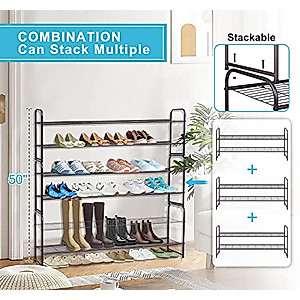 SLEEPING LAMB 2 Tier Metal Long Shoe Rack for Closet and Over The Door Shoe Rack Fit Narrow Door for 12 Pairs Sneakers, Boots, Grey