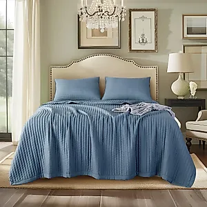 KASENTEX Quilt Mini Set-Stone Washed-Super Soft Bedspread-Light Weight-White Down Alternative Microfiber Fill-Machine Washable-Solid Colors, 2 King Shams, Blue