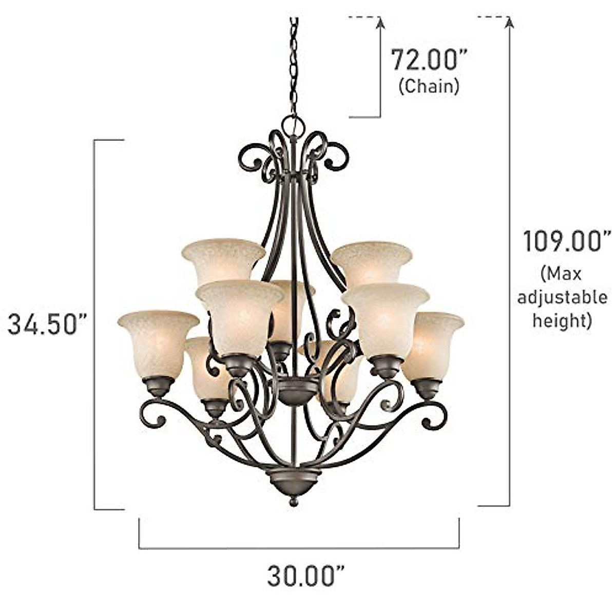 Kichler Camerena 34.5" Two Tier Chandelier in Olde Bronze®, 9-Light Traditional Dining Room Chandelier with White Scavo with Light Umber Inside Tint, (30" W x 34.5" H), 43226OZ