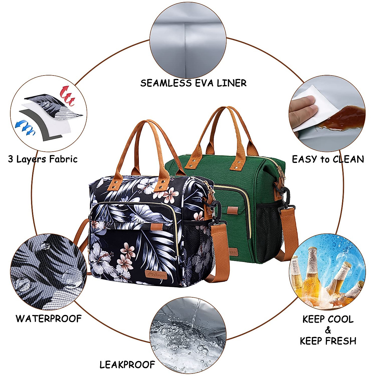 TuErCao Insulated Lunch Bag Women - Freezable Leakproof Mens Lunch Box for Work Office School - Reusable Adult Lunch Tote Bag Portable Waterproof Soft Side Cooler Bag for Travel Beach Picnic Camping