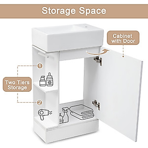 Beardslee 18.6" Bathroom Vanity, Small Narrow Bath Vanity with Sink Combo, Bathroom Vanity Cabinet with Two-Tier Shelf, Left or Right Orientation, White Ceramic Vessel Sink for Small Space