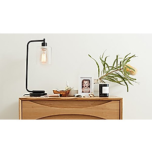 Simple Designs LD1036-BLK Bronson Antique Style Industrial Iron Lantern Desk Bedside Glass Shade Table Lamp, Black