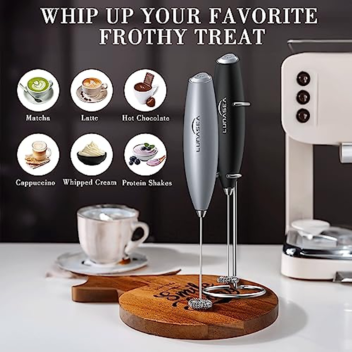 LUNASEA Handheld Milk Frother with Stand, Frother Wand, Electric frother for Coffee Whisk, Hand Mixer Blender Milk Foamer, Drink Mixer, Electric Whisker for Mixing, Latte, Cappuccino, Matcha (Black)
