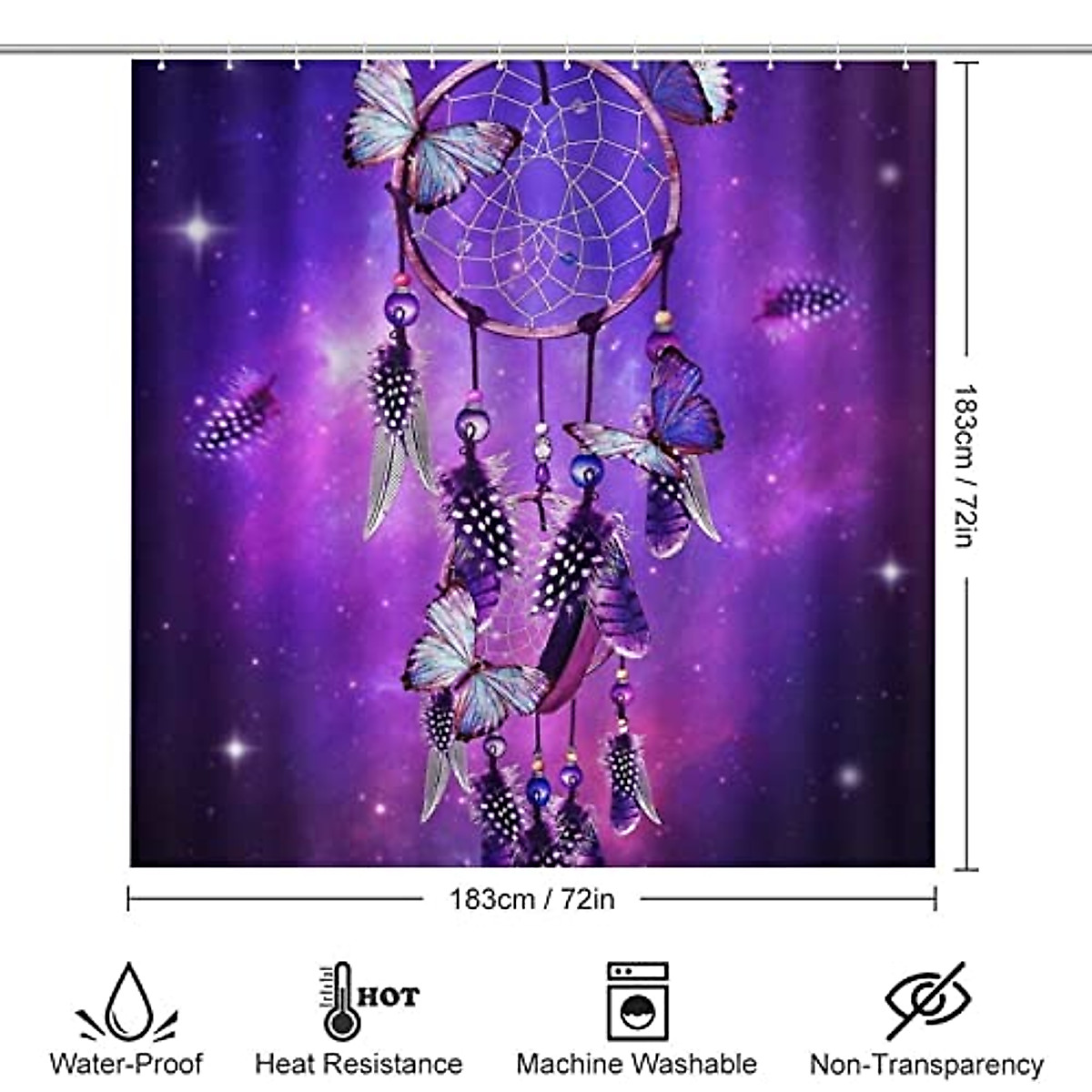 EEncantoo 4 Piece Dreamcatcher Butterflies Purple Art Shaggy Rugs + Contour Mat & Lid Cover Rubber Backing + Quick Dry Shower Stall Curtain for Dorm Room, Tub and Shower