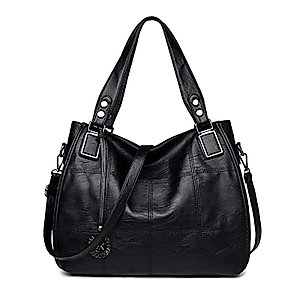 XingChen Women's Leather Handbag Fashion Shoulder Bag Multi-pocket Satchel Tote Purse Hobo Bag with Pendant Black