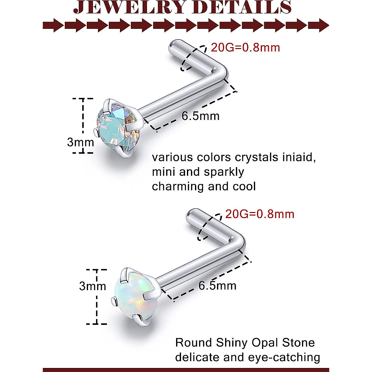 Prjndjw 20G Nose Rings Studs Surgical Steel Nose Studs Glow Dark Heart Opal CZ Flower Nose Piercing Jewelry Nose Rings for Women Straight Bend L Shaped Nose Rings 38Pcs 6.5mm Nose Piercing Kit