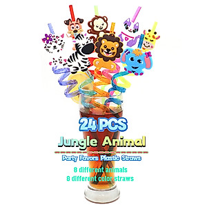 24 Reusable Jungle Animal Plastic Straws for Lion Fox Zebra Giraffe Safari Birthday Party Supplies Favors,Woodland Animal Birthady Party Decorations Straws with 4 Cleaning Brushes