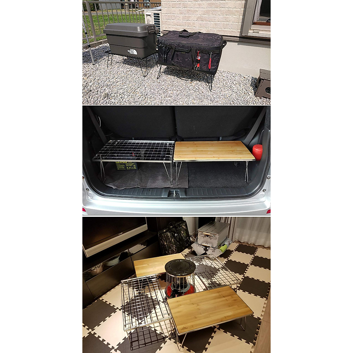 Camping BBQ Grill 2Pcs Outdoor Folding Multipurpose Storage Rack with 1pc removable Bamboo Board, Steel Plating Black T-230-2TP