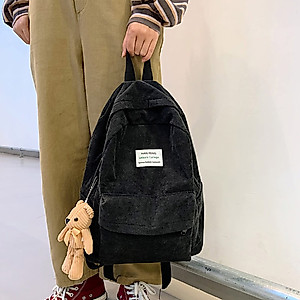 Corduroy Backpack, Travel Casual School Rucksack Daypack Capacity Book Bag Laptop Bag for Women Girls Teenage, Black 1