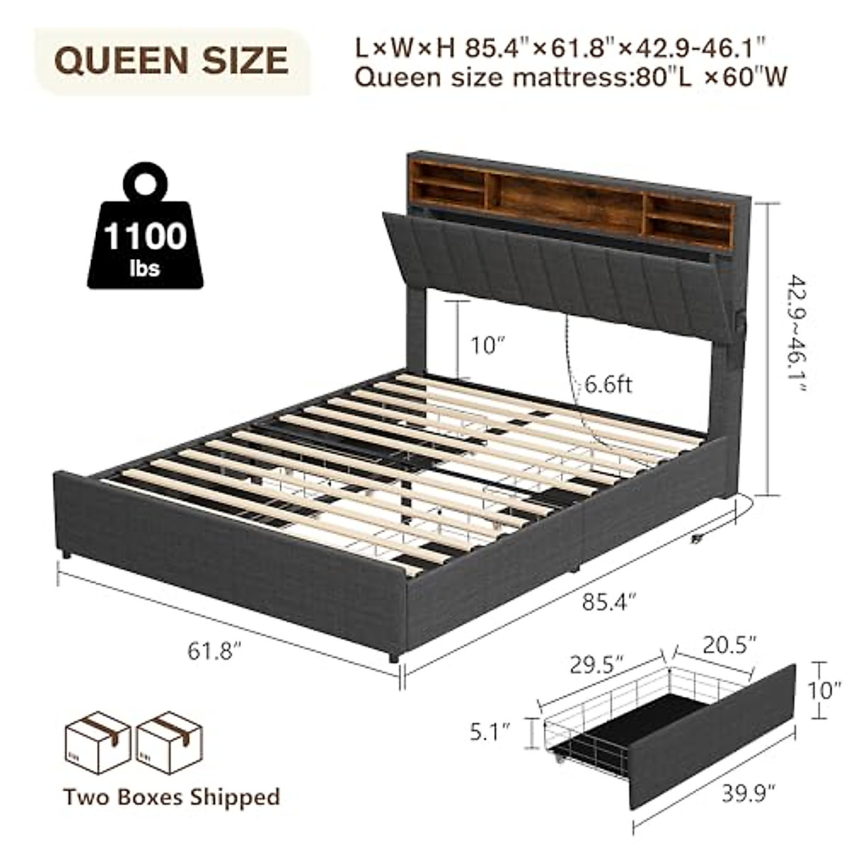 Lumelay Queen Bed Frame with 4 Storage Drawers, LED Bed Frame with Charging Station and Adjustable Tall Bookcase Headboard, Upholstered Mattress Foundation, No Box Spring Needed, Dark Grey