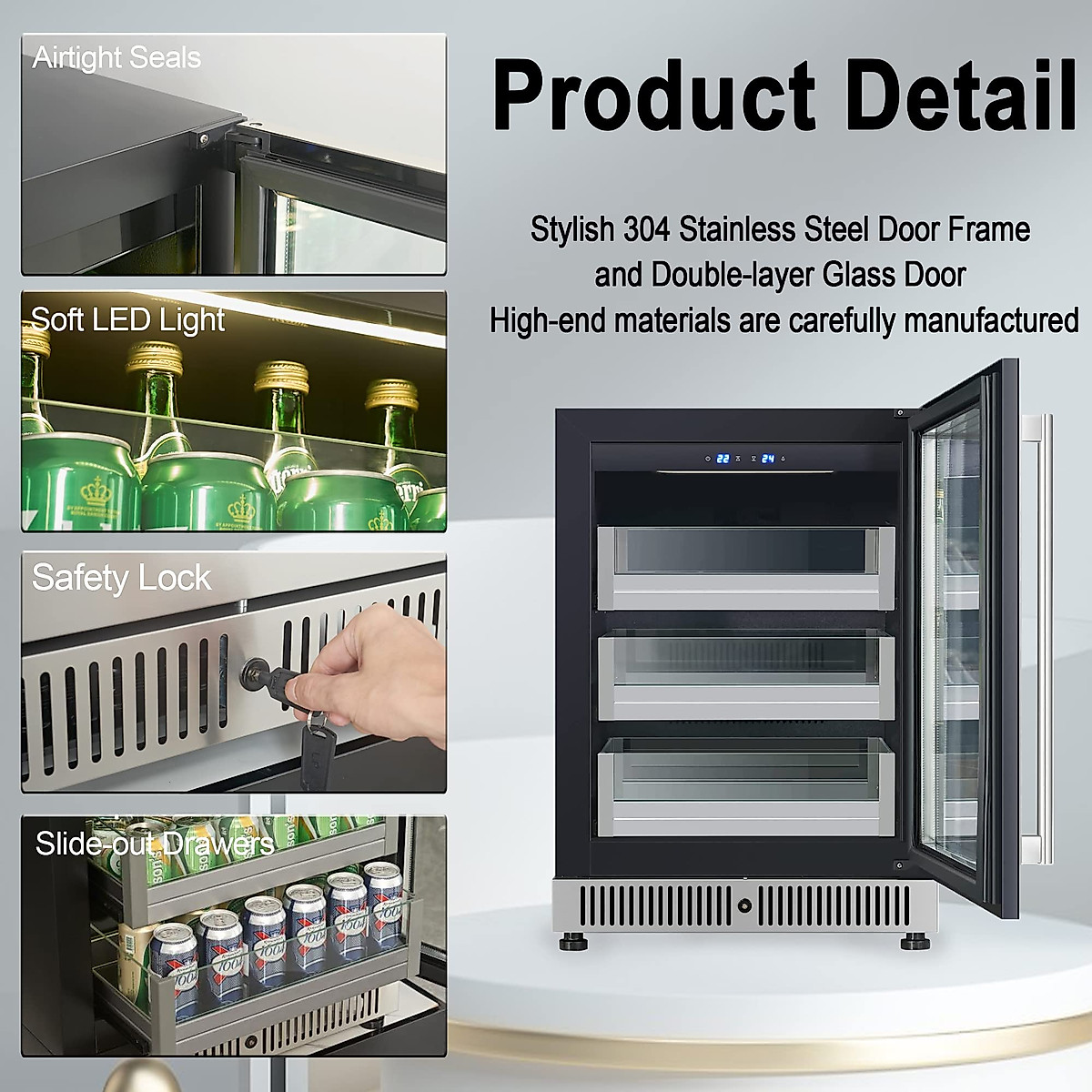 MGMEDOS Beverage Refrigerators 24 Inch Built-in Freestanding Stainless Steel Mini Fridge Beverage Cooler (Glass Door)