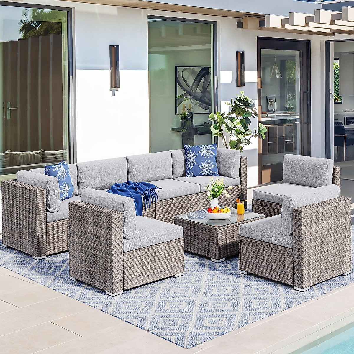YITAHOME 8 Pieces Outdoor Patio Furniture Set, Sectional Sofa PE Rattan Wicker Conversation Set Outside Couch w/Table and Cushions for Porch Lawn Garden Backyard,Gray