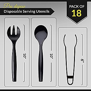 Disposable Plastic Serving Utensils Set - 18 Pack for Parties and Events - Heavy Duty Plastic - Black 10" Spoons, Forks, and 6" Tongs - Perfect for Serving - Great Value