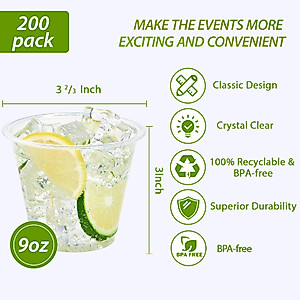 Lilymicky 200 Pack 9 oz Clear Plastic Cups, 9 Ounce Disposable Plastic Drinking Cups, Crystal Clear PET Plastic Cups for Parties, Wedding, Christmas Day