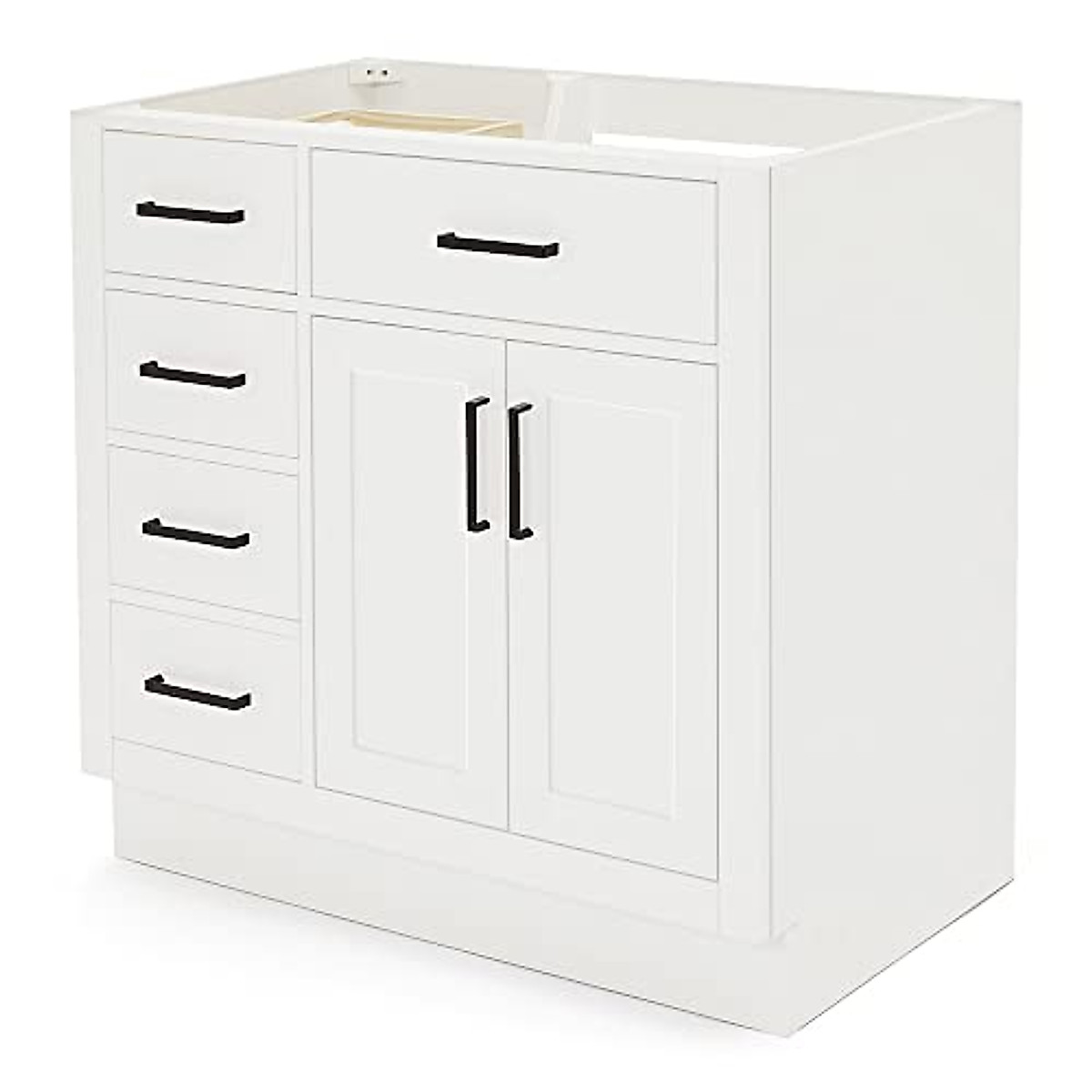 ARIEL Hepburn Bathroom Vanity Base Cabinet 36" White, Right Offset Sink Configuration, 2 Soft Closing Doors, 5 Full Extension Dovetail Drawers, Toe Kick, Matte Black