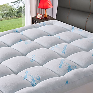 KELTARO Extra Thick Bamboo Mattress Topper King Size Bed,Cooling Mattress Pad Cover Plush Soft Noiseless Down Alternative Fill,with 8-21" Deep Pocket