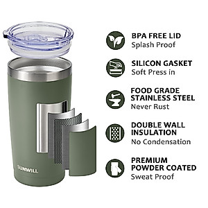SUNWILL Travel Coffee Tumbler 20 oz, Insulated Mug with Lid, Stainless Steel Iced Cup for Outdoor, Powder Coated Camp Green