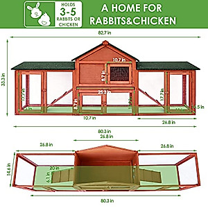 Arlopu 83" Rabbit Hutch Outdoor, Extra-Large Wooden Rabbit Cages Indoor, Bunny Poultry Animals Pet Cages, Weather-Proof Hamster House w/Removable Tray, 2 Ramps, 4 Ventilation Doors, for Yard, Farm