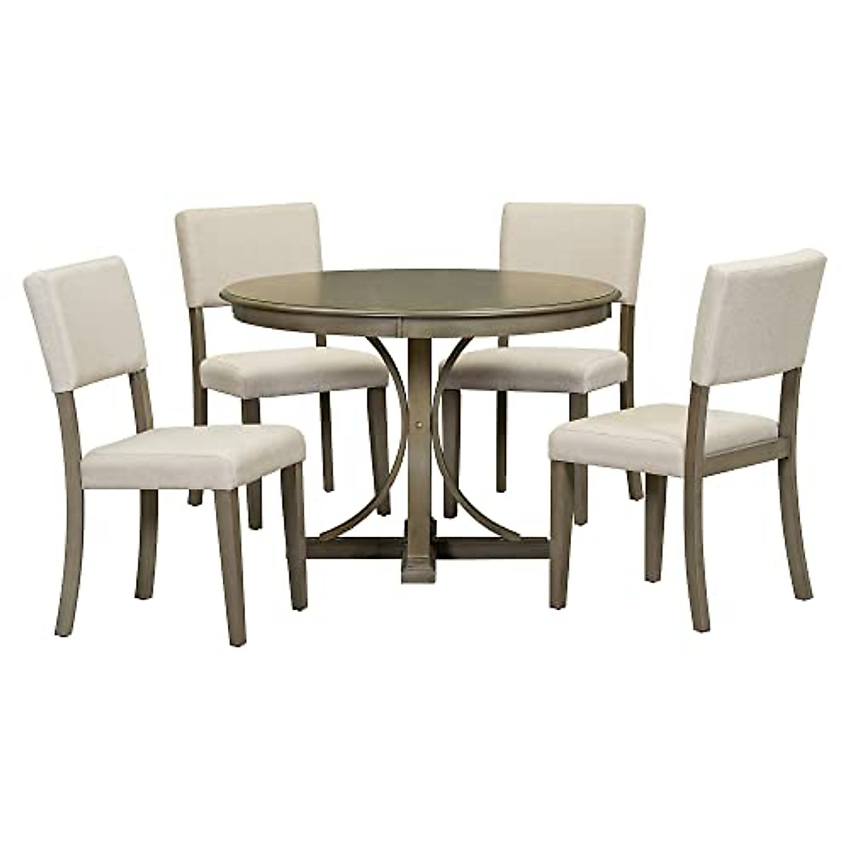 Dinehome 5-Piece Wooden Round Kitchen Dining Table Set with Curved Trestle Style Legs and 4 Upholstered Chairs, Taupe