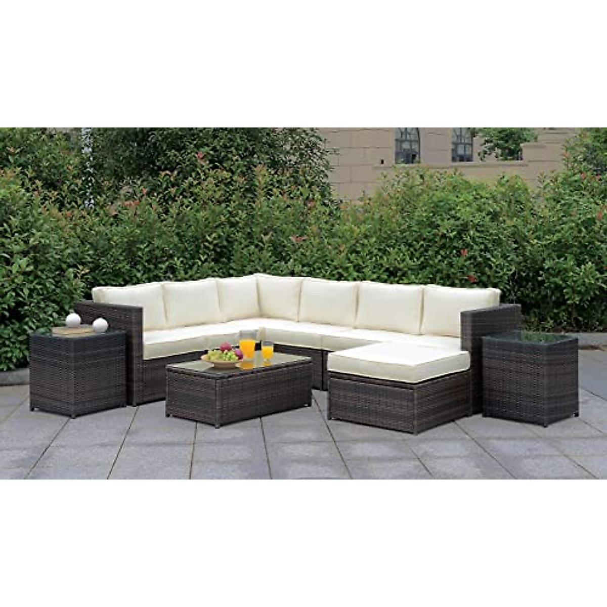 PayLessHere Wicker Side Coffee Table,Outdoor Side Tables with Square Glass Top and Storage Bistro Table Patio Furniture End Tables Garden Table Grey (Large)