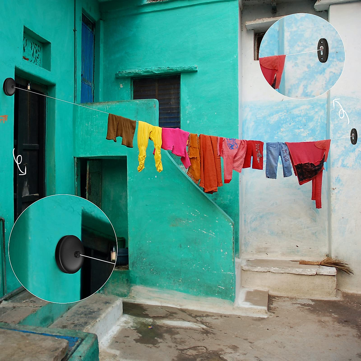 4 Pieces Retractable Clothesline 304 Stainless Steel Cloth Line 9.2ft Retracting Adjustable Laundry Line Heavy Duty Shower Rope String Retracting Clothesline for Indoor Outdoor Home (Black)