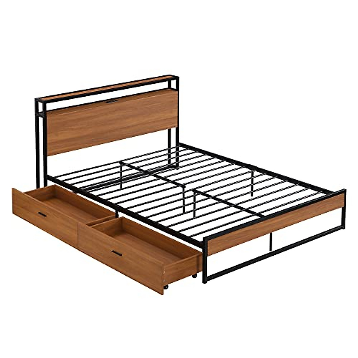 EMKK Queen Size Metal Platform Bed Frame with 2 Drawers,Sockets and USB Ports,Metal and Wood Platform Bed Frame, Wood Slat Support, No Box Spring,Easy Assembly, Black, Queen