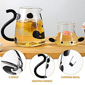 Cabilock Bedside Carafe Glass Water Pitcher Cute Cow Water Carafe with Glass Cup for Nightstand 550ml Glass Pitcher with Lid for Juice Tea Milk