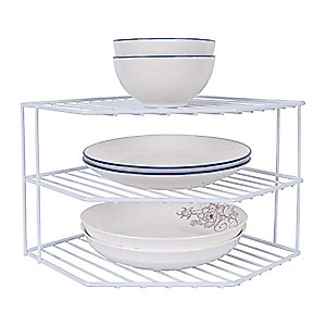 3-Tier Corner Shelf Counter and Cabinet Organizer - Steel Metal Wire - Rust Resistant - Plates, Dishes, Cabinet & Pantry Organizer - Kitchen Organization (10 x 7.5 Inch) (White)