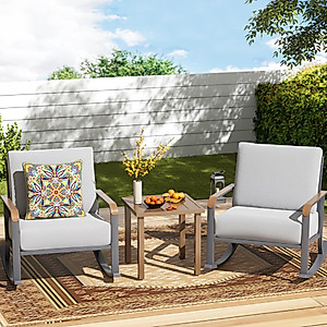 NATURAL EXPRESSIONS Glider Rocking Chair Bistro Set, 3 Pieces Outdoor Patio Furniture Conversation Set with 2 Rocker Chairs, 1 Table and Thick Cushions for Backyard, Porch, Balcony, 350lbs, Grey.